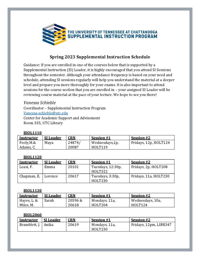SP23 Supplemental Instruction Schedule pg 1 | University of Tennessee at Chattanooga